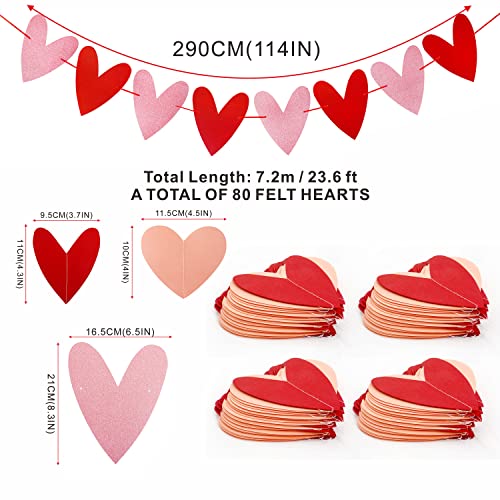 Valentines Day Decor, Heart Garland Love Banner Happy Valentines Day Banner Red Pink Glittery Heart Valentines Decorations Hanging Rustic Valentine Décor for Home Decor for Mantle Fireplace Wall