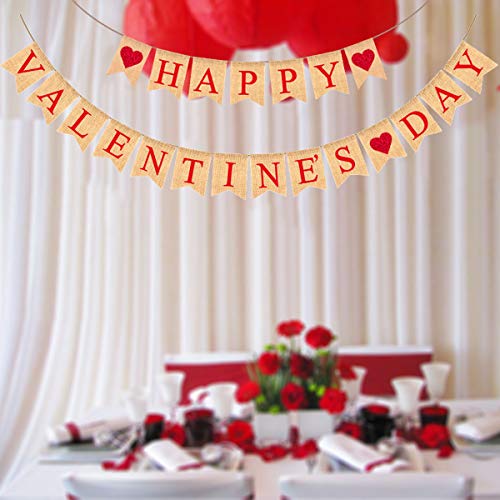 Happy Valentines Day Banner Valentine’s Day Decorations Glitter Heart Burlap Bunting Photo Props for Homes Stores Schools Valentine Day Party Decoration Assembled