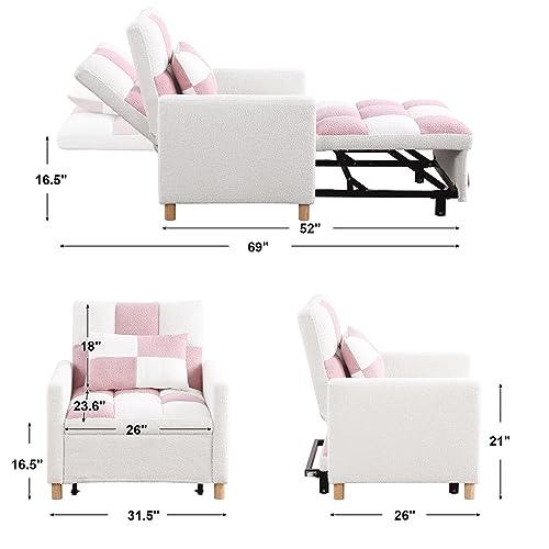 VKKILPEE Pink Convertible Sleeper Sofa Chair Bed 3-in-1 Single Bed with Pillow, Multi-Functional Adjustable Futon Couch Sleeper with Soft Teddy Fabric for Living Room Dorm Apartment Bedroom Office
