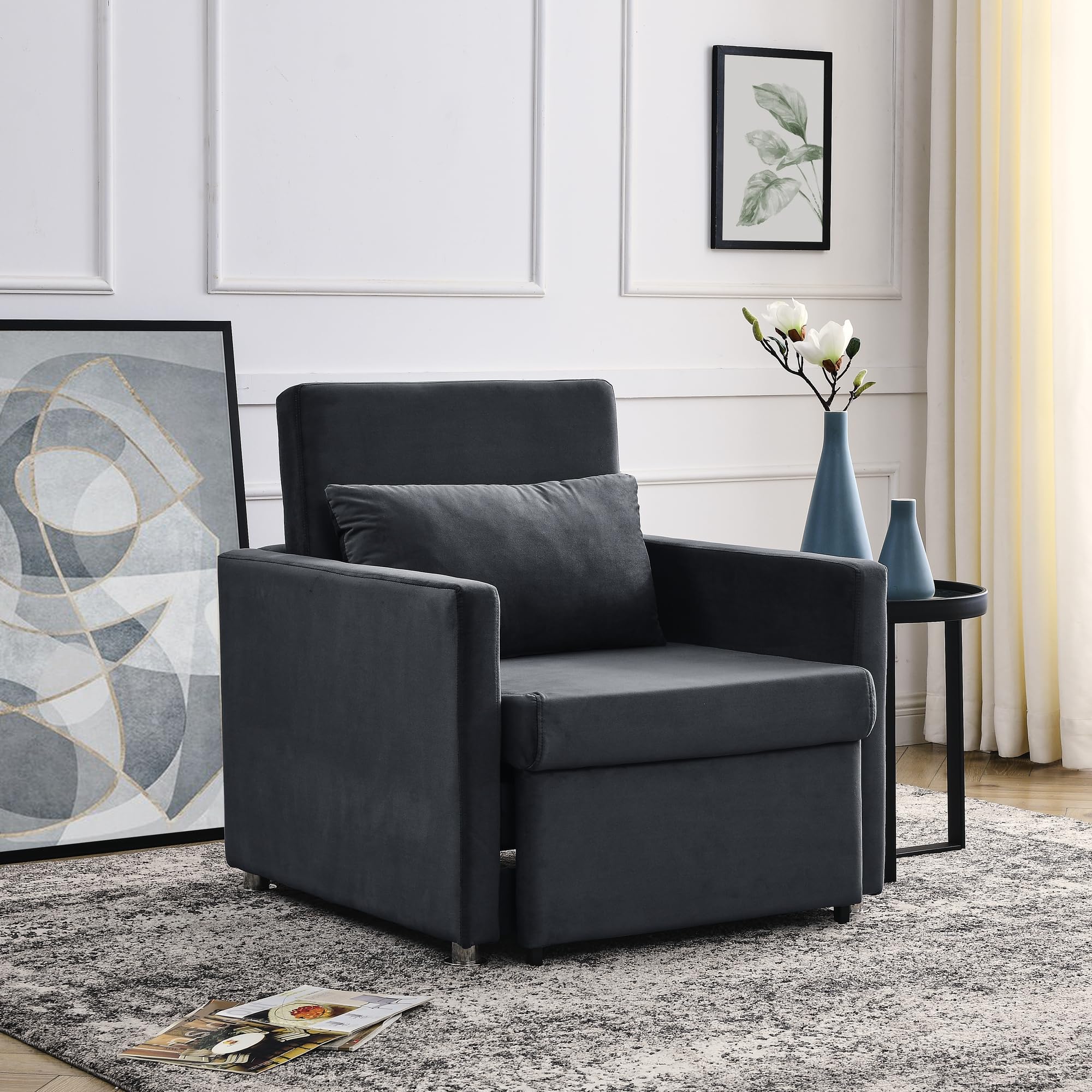 Futon Folding Single Chair Bed,Convertible Sleeper Sofa 2-in-1 Pull Out Lounge Chair Beds with Pillow&Pocket for Living Room Apartment Office(Grey)