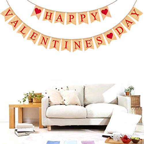 Happy Valentines Day Banner Valentine’s Day Decorations Glitter Heart Burlap Bunting Photo Props for Homes Stores Schools Valentine Day Party Decoration Assembled