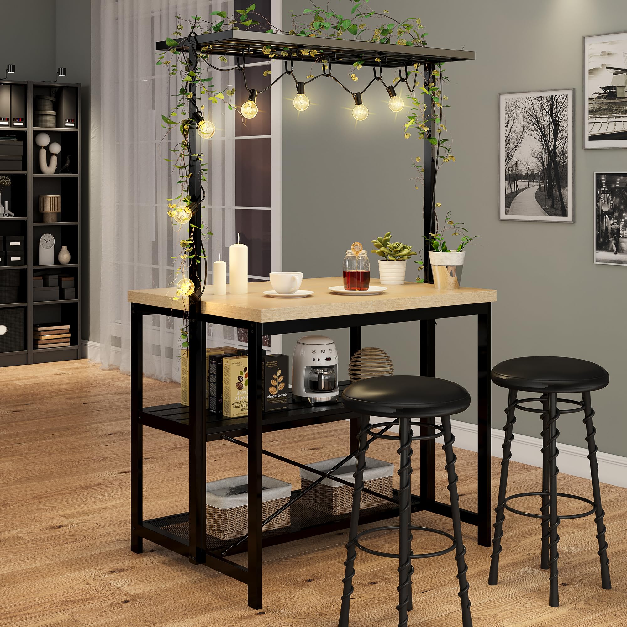 Alkmaar 42" Large Kitchen Island Bakers Rack Microwave Oven Stand Kitchen Shelf with 3 Tier Storage, Metal Coffee Bar Table,Kitchen Storage Shelf for Dining Living Room, 5 Hooks, 42"*28"*72"