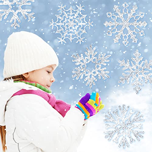 Snowflake Cutouts Decorations, Winter Christmas Snowflake Paper Cutouts with Glue Point Dots for Bulletin Board Frozen Party Home Class Office Decor Accessories (Silver, 45 Pieces)