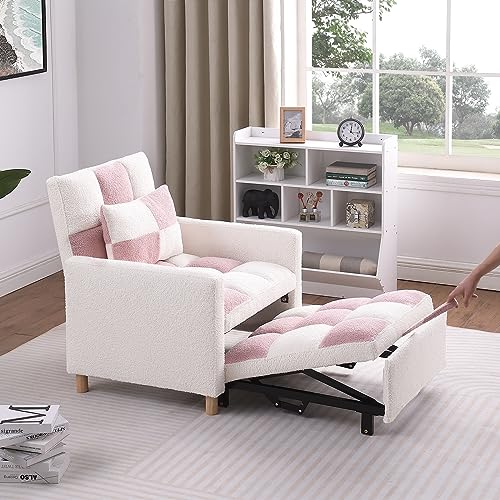 VKKILPEE Pink Convertible Sleeper Sofa Chair Bed 3-in-1 Single Bed with Pillow, Multi-Functional Adjustable Futon Couch Sleeper with Soft Teddy Fabric for Living Room Dorm Apartment Bedroom Office