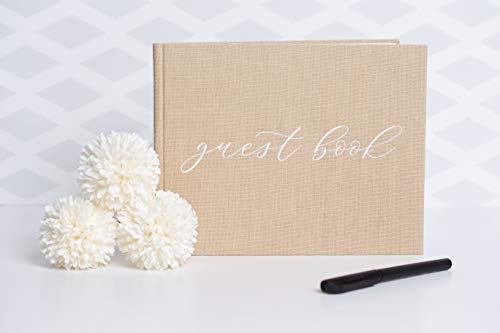 Pearhead Linen Beige Wedding Guest Book with White Script, Elegant Wedding, Rustic Wedding, Simple Wedding Décor, Bridal Shower Gift, Ivory