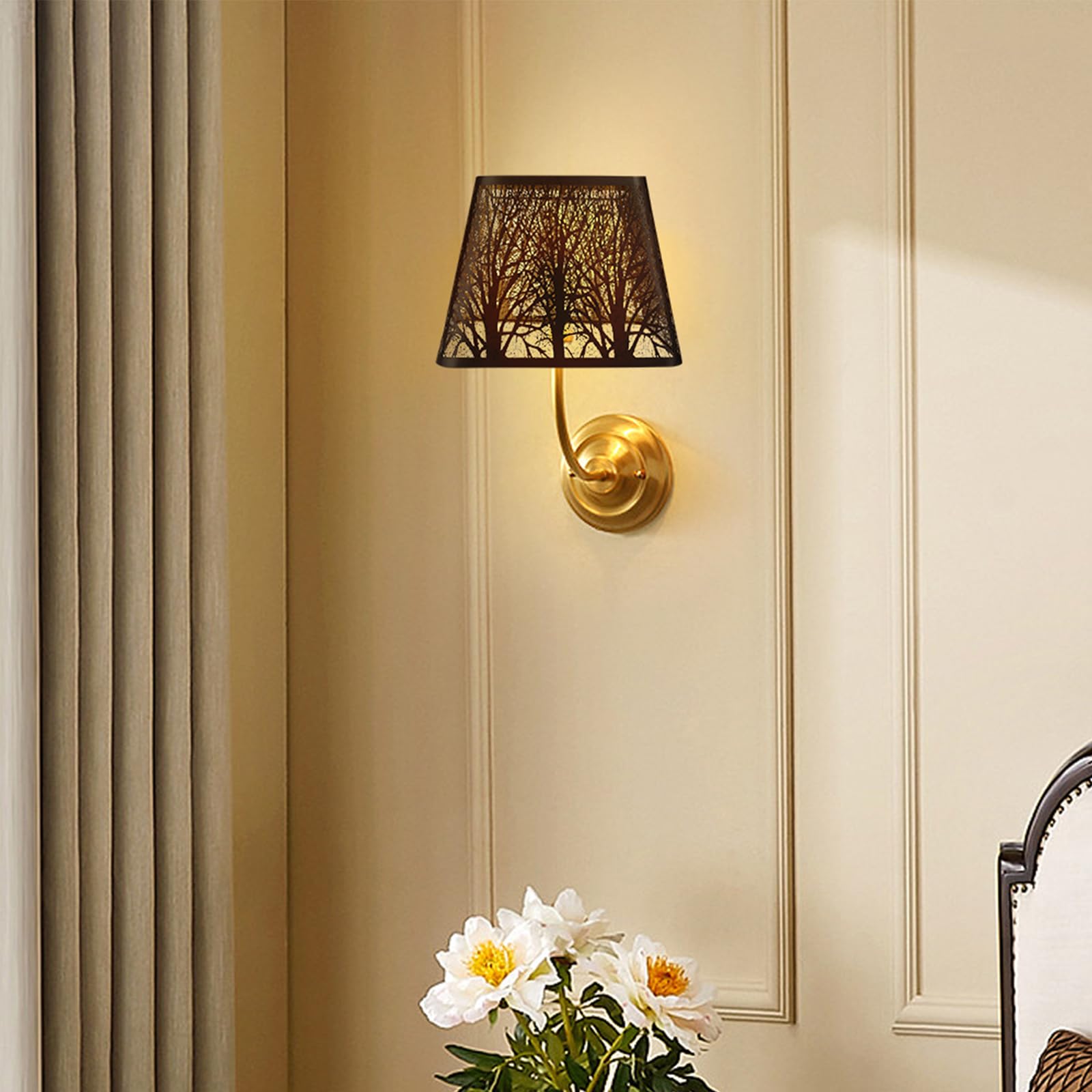 Medium Square Lamp Shades, ALUCSET Metal Lampshade with Pattern of Trees for Table Lamp and Floor Light, 7 x 10 x 7.5 Inch, Pattern of Trees (Black/Gold)