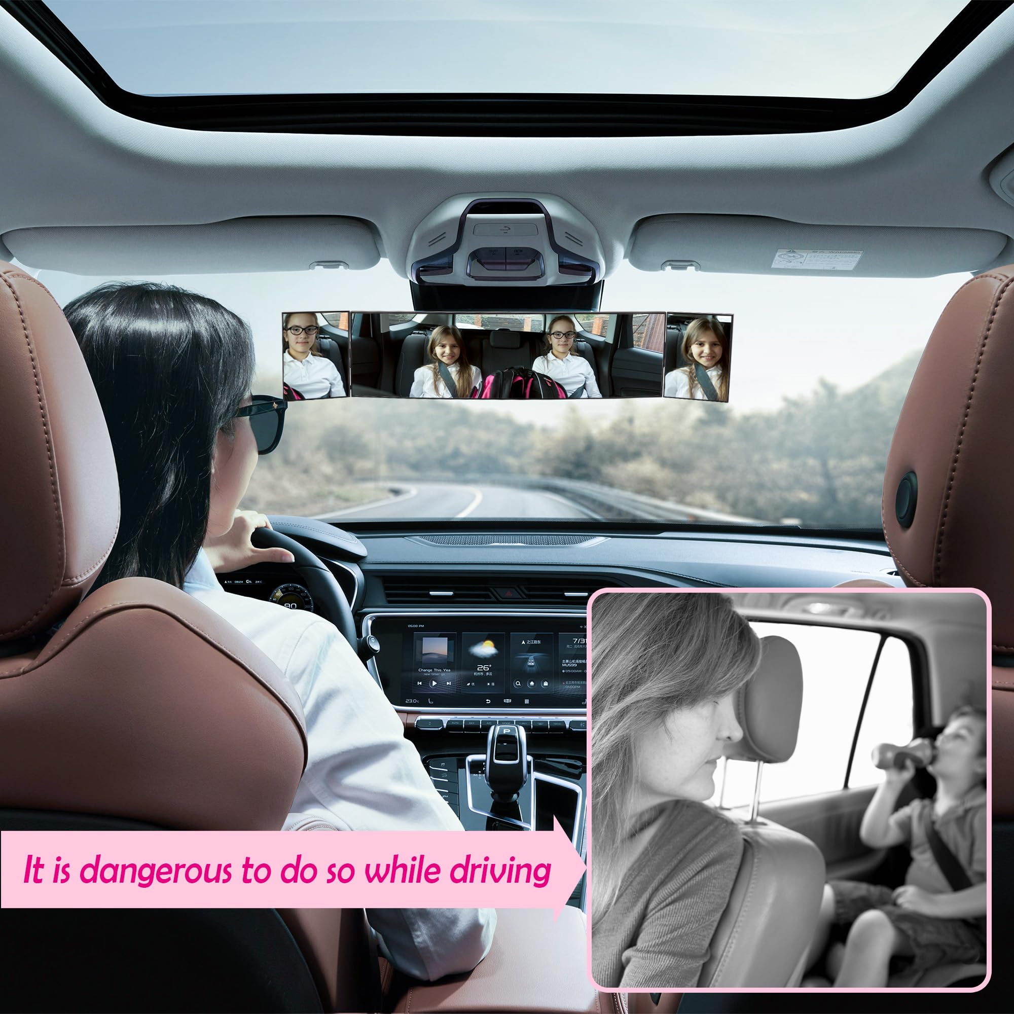 Car Rear View Mirror,15 Inch HD Triple Fold Panoramic Rear View Mirror Extender,Adjustable Wide Angle Car Mirror,Universal Car Interior Accessories for Car Truck SUV Vans