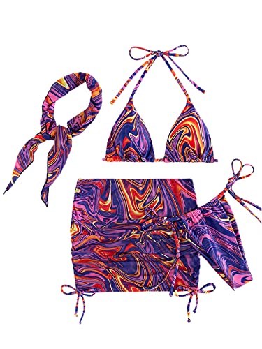 SOLY HUX Women's 4 Piece Swimsuits Triangle Bikini Bathing Suits with Mesh Beach Skirt & Bandana Bikini Sets