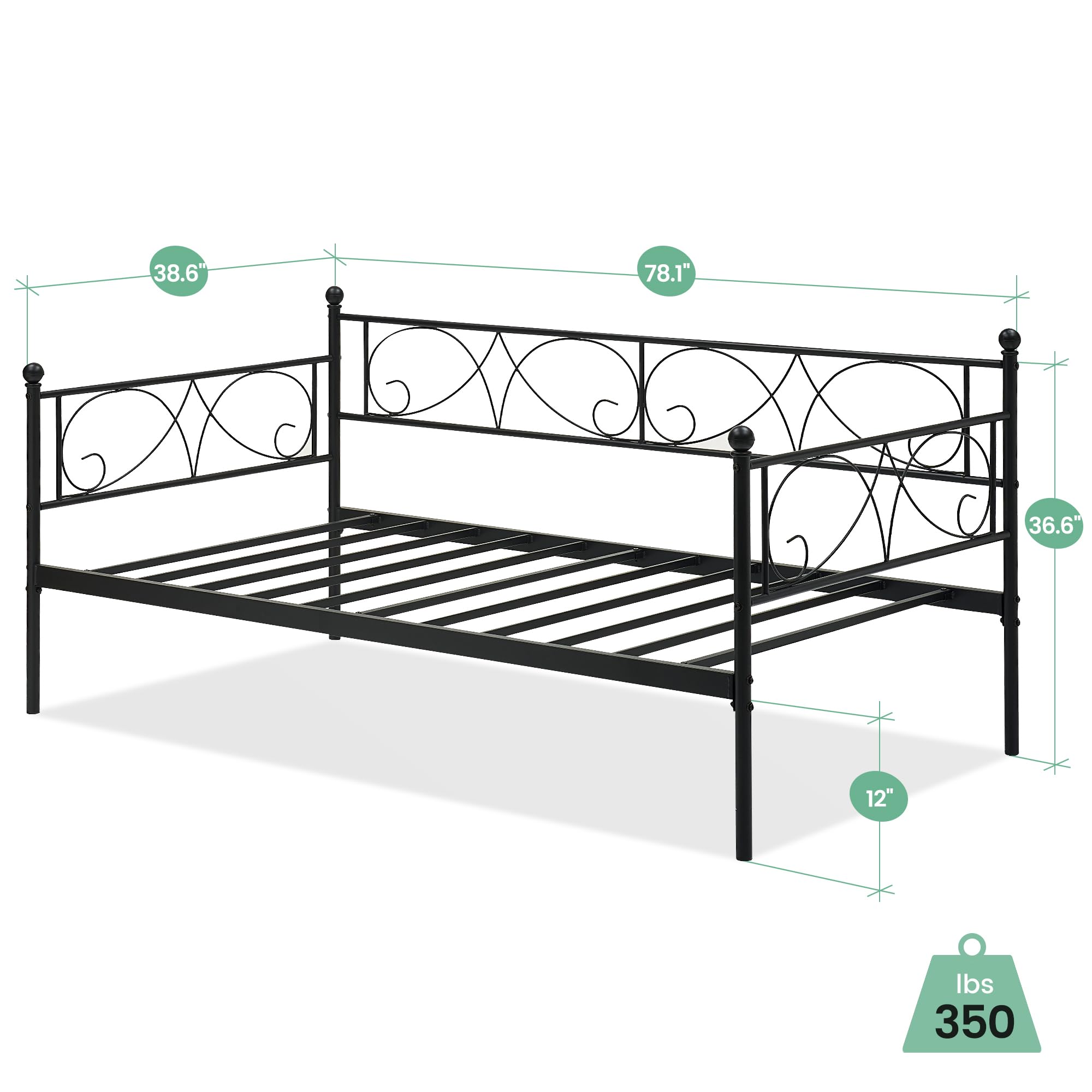 Amyove Twin Daybed Frame with Stylish Headboard, Metal Sofa Single Bed Frame with Metal Slat Support, No Box Spring Needed, Multifunctional Platform Bed for Bedroom Living Room Guest Room, Black