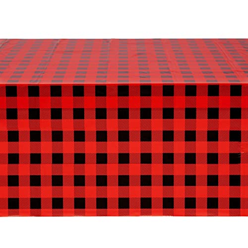 BLUE PANDA 3 Pack Buffalo Plaid Plastic Tablecloth for Lumberjack Birthday Party Decorations, Disposable Red and Black Table Cover (54 x 108 in)
