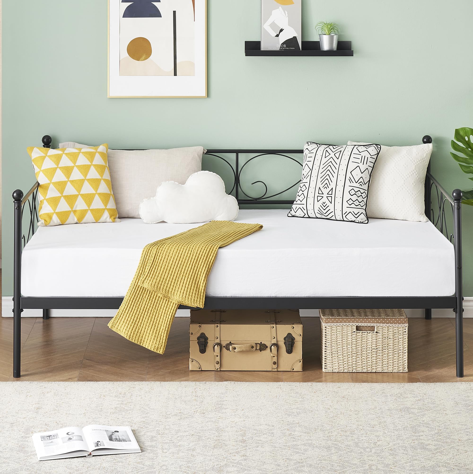 Amyove Twin Daybed Frame with Stylish Headboard, Metal Sofa Single Bed Frame with Metal Slat Support, No Box Spring Needed, Multifunctional Platform Bed for Bedroom Living Room Guest Room, Black