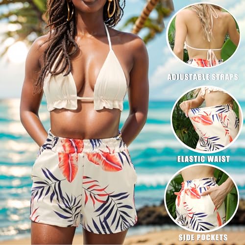 Women's Hawaiian 3 Piece Outfits Sets Floral Blouse Swimsuit Cover Ups Halter Bikini Top Mini Short Summer Beachwear Khaki XL