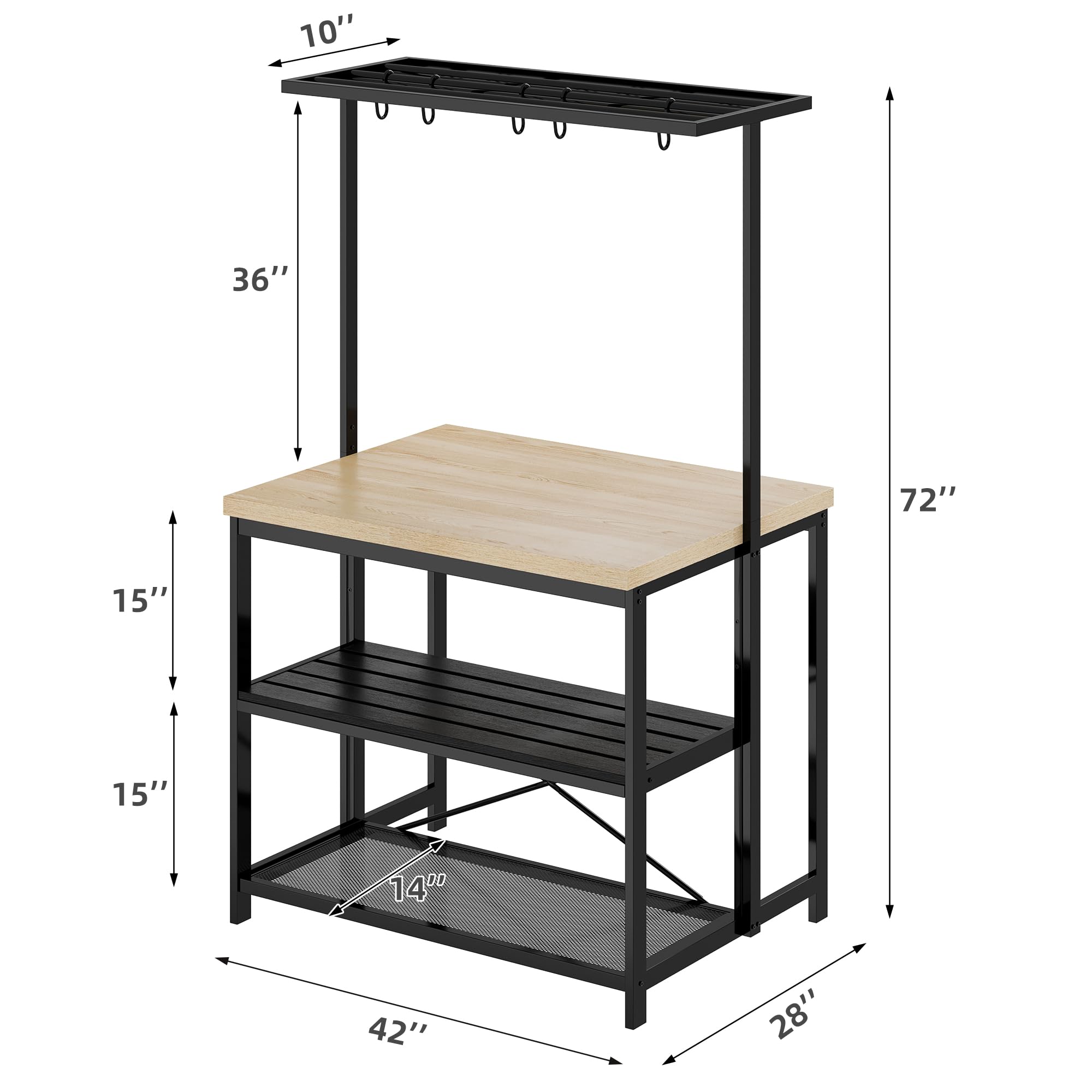 Alkmaar 42" Large Kitchen Island Bakers Rack Microwave Oven Stand Kitchen Shelf with 3 Tier Storage, Metal Coffee Bar Table,Kitchen Storage Shelf for Dining Living Room, 5 Hooks, 42"*28"*72"