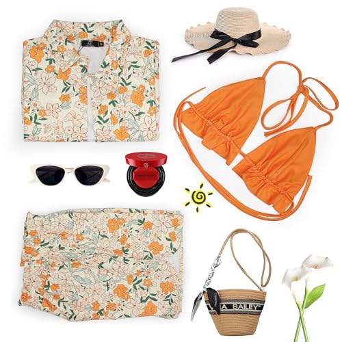Women's Hawaiian 3 Piece Outfits Sets Floral Blouse Swimsuit Cover Ups Halter Bikini Top Mini Short Summer Beachwear Khaki XL