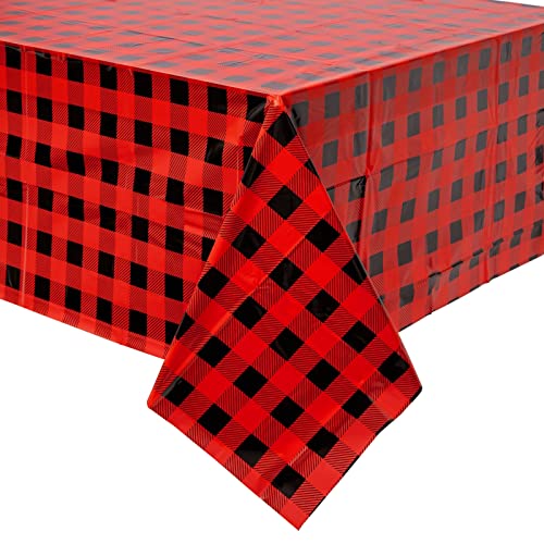 BLUE PANDA 3 Pack Buffalo Plaid Plastic Tablecloth for Lumberjack Birthday Party Decorations, Disposable Red and Black Table Cover (54 x 108 in)