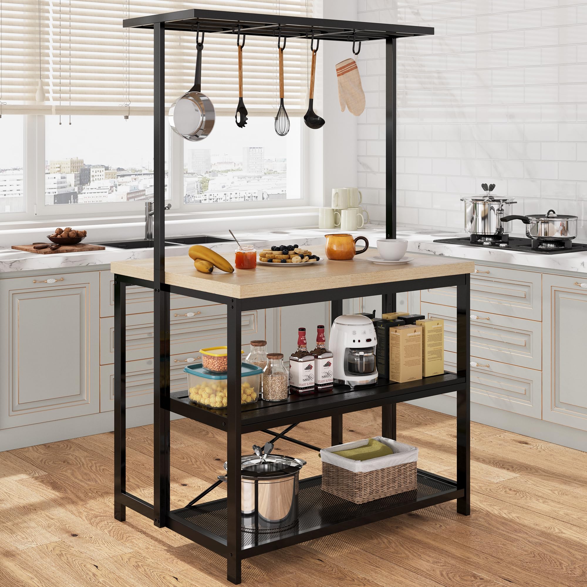 Alkmaar 42" Large Kitchen Island Bakers Rack Microwave Oven Stand Kitchen Shelf with 3 Tier Storage, Metal Coffee Bar Table,Kitchen Storage Shelf for Dining Living Room, 5 Hooks, 42"*28"*72"