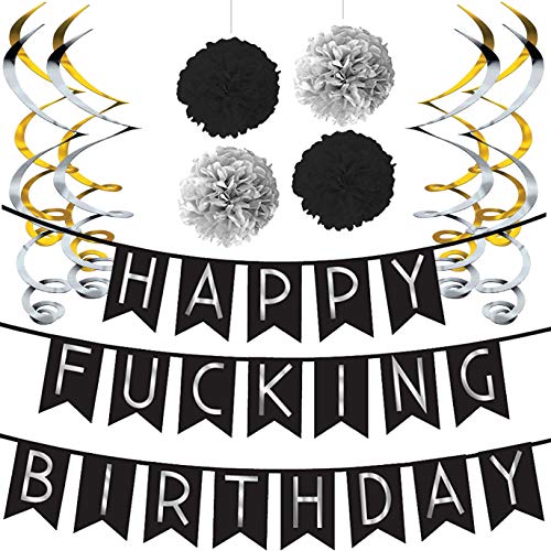 Funny Birthday Party Pack - Black & Silver Happy Birthday Bunting, Poms, and Swirls Pack- Birthday Decorations - 21st - 30th - 40th - 50th Birthday Party Supplies
