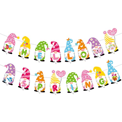 JKQ Hello Spring Gnomes Banner Spring Flowers Butterfly Tulip Daisy Gnome Garland Banner Colorful Spring Gnome Decorations Spring Easter Wedding Birthday Party Supplies for Indoor Outdoor Wall Mantle