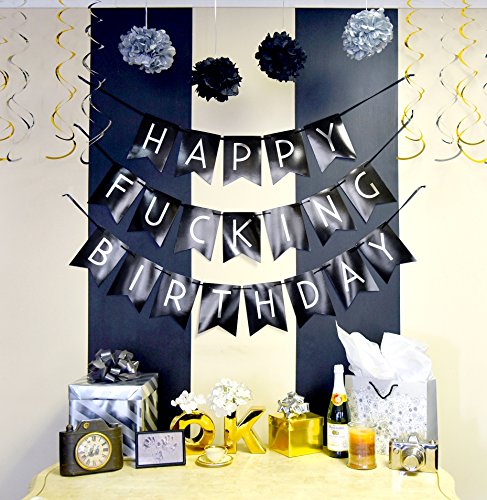 Funny Birthday Party Pack - Black & Silver Happy Birthday Bunting, Poms, and Swirls Pack- Birthday Decorations - 21st - 30th - 40th - 50th Birthday Party Supplies