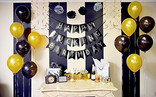 Funny Birthday Party Pack - Black & Silver Happy Birthday Bunting, Poms, and Swirls Pack- Birthday Decorations - 21st - 30th - 40th - 50th Birthday Party Supplies
