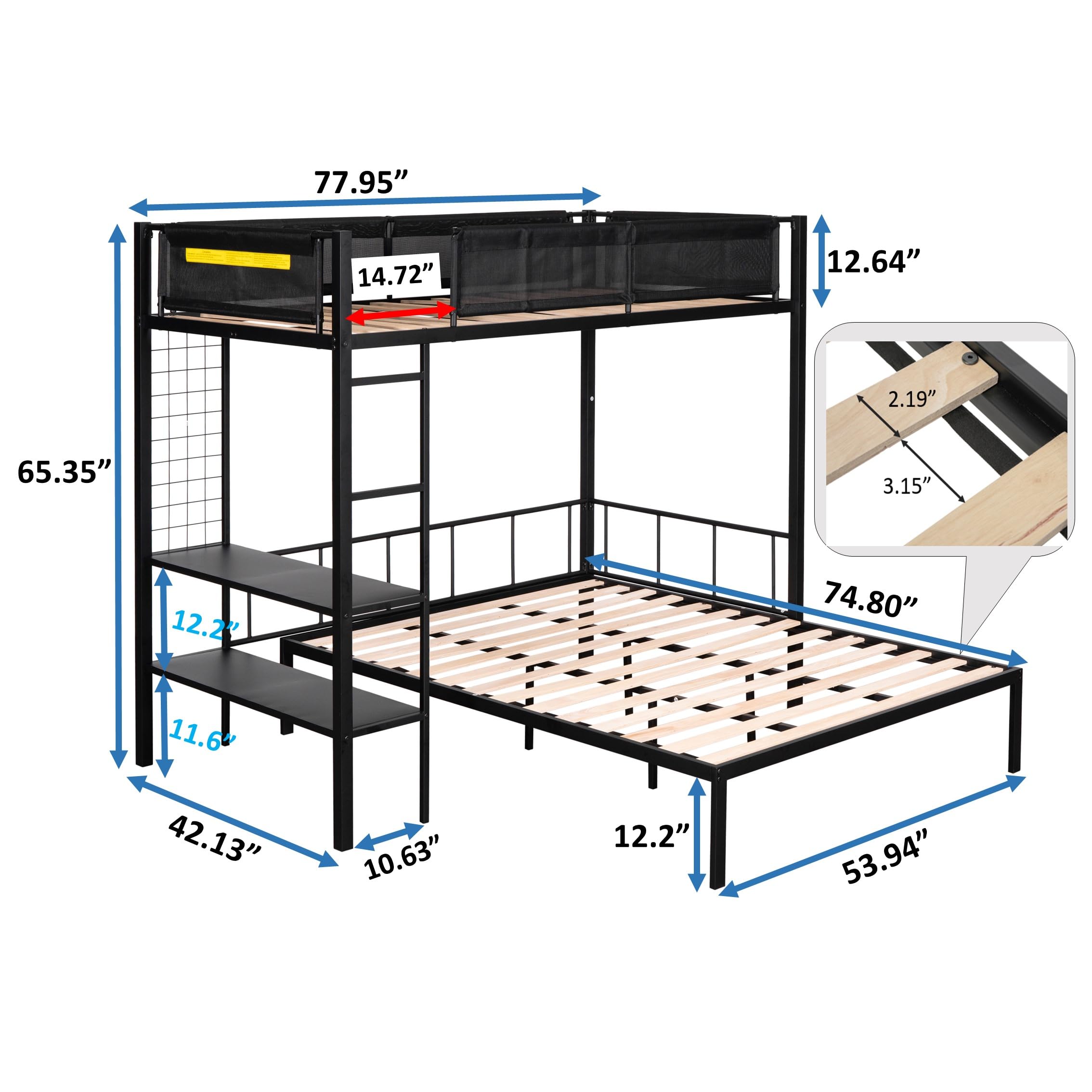 ZVAIGE Metal Double Full Bunk Bed with Shelves and Mesh Panels - Space Saving Loft Bed, Desk Sofa Bed - Ideal for Bedrooms and Dorms - Sturdy and Versatile Single Bunk Bed