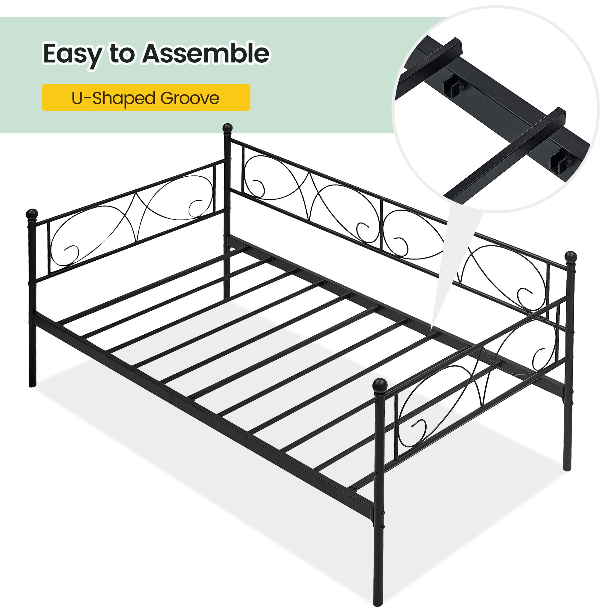 Amyove Twin Daybed Frame with Stylish Headboard, Metal Sofa Single Bed Frame with Metal Slat Support, No Box Spring Needed, Multifunctional Platform Bed for Bedroom Living Room Guest Room, Black