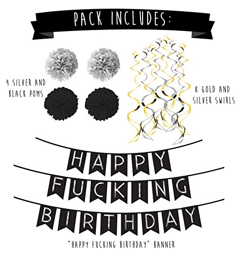 Funny Birthday Party Pack - Black & Silver Happy Birthday Bunting, Poms, and Swirls Pack- Birthday Decorations - 21st - 30th - 40th - 50th Birthday Party Supplies