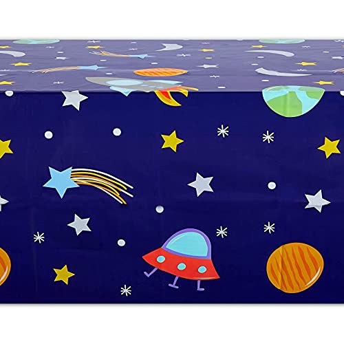 Blue Plastic Tablecloth for Outer Space Birthday Party (54 x 108 in, 3 Pack)