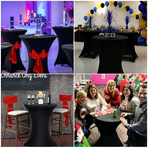 Zdada Black Spandex Cocktail Table Covers - 32"X43" Cocktail Table Tablecloth 4 Pack Cocktail Table Spandex Covers for Wedding and Party(Includes 4 Pack Red Satin Belts)