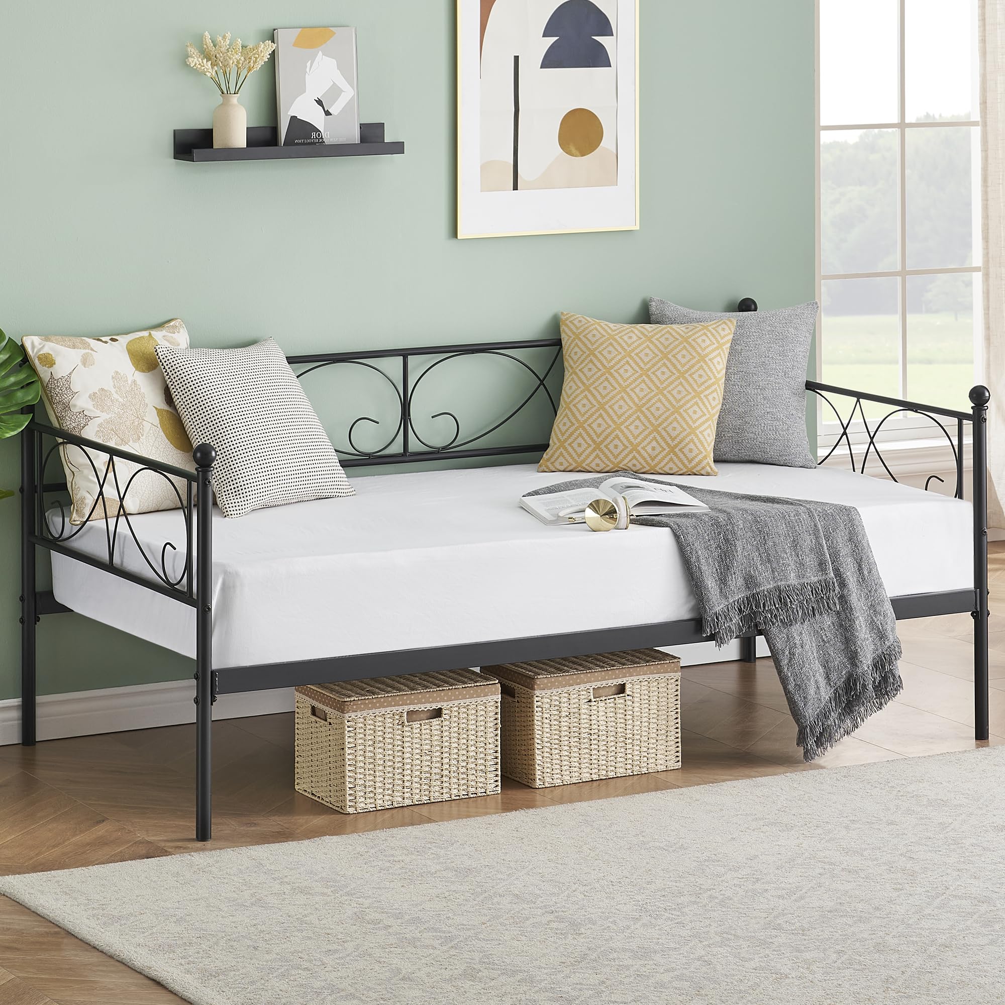 Amyove Twin Daybed Frame with Stylish Headboard, Metal Sofa Single Bed Frame with Metal Slat Support, No Box Spring Needed, Multifunctional Platform Bed for Bedroom Living Room Guest Room, Black