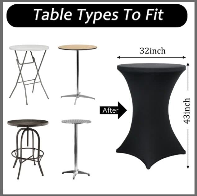 Zdada Black Spandex Cocktail Table Covers - 32"X43" Cocktail Table Tablecloth 4 Pack Cocktail Table Spandex Covers for Wedding and Party(Includes 4 Pack Red Satin Belts)