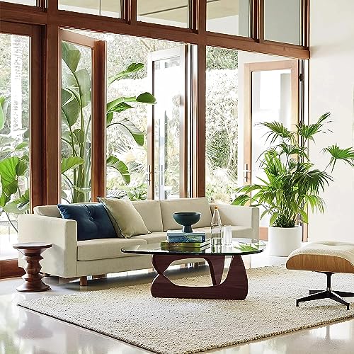 Rimdoc Triangle Coffee Table Modern Noguchi Vintage End Table, Solid Wood Base and Clear Glass Top Accent, for Living Room, Patio(Dark Walnut)
