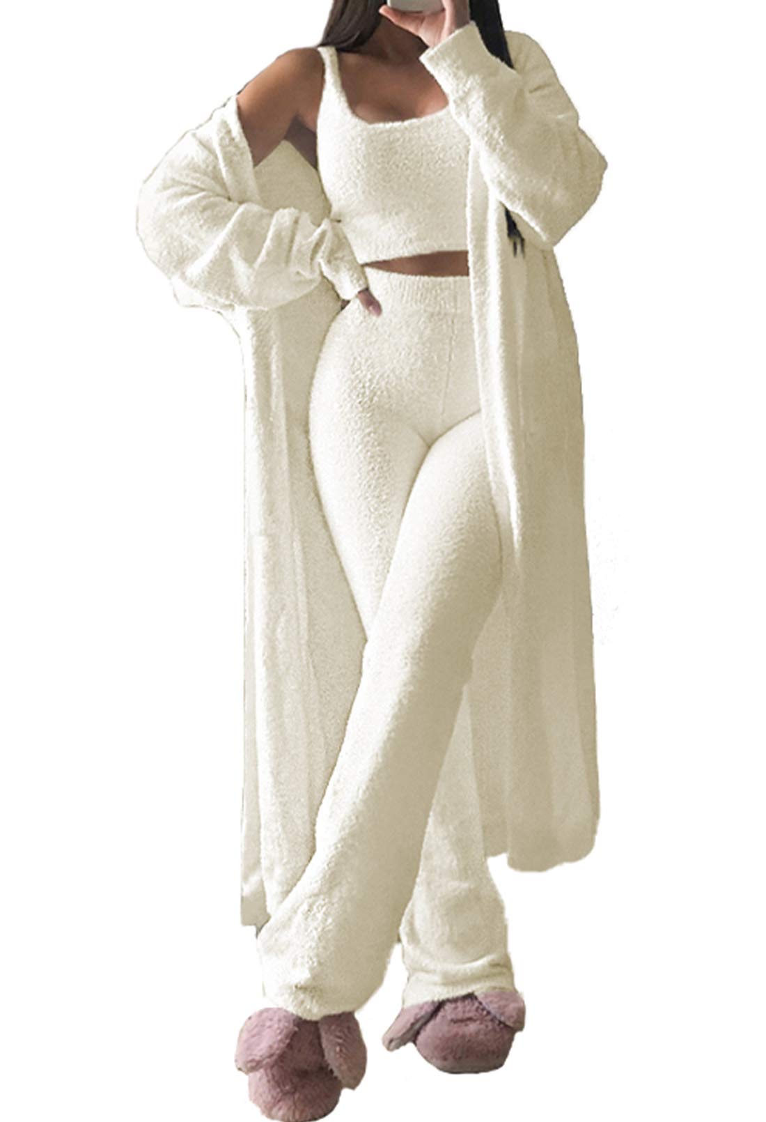 VamJump Womens Fuzzy Fleece Outfits Tank Tops Tummy Control High Waist Pants Kimono Cardigan 3 Piece Set,White,S