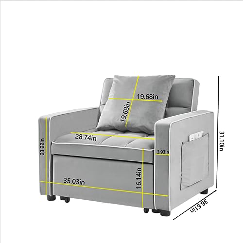 Pull Out Sleeper Futon Single Sofa Chair Bed,3-in-1 Versatile Chaise Lounge Couch with Adjustable Backrest,Lumbar Pillow&Side Pockets,Folding Sofá Recliner for Living Room/Apartment/Compact Space