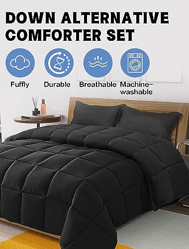 ZHGANLO Queen Comforter Set -3 Pieces Black Comforter Set for Queen Size Bed, Quilted Bedding Sets Queen for All Season, Bed in a Bag with 1 Comforter and 2 Pillowcases