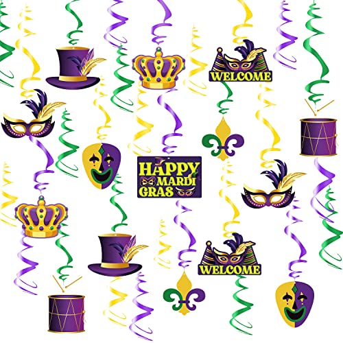 Mardi Gras Decorations, Mardi Gras Decor Ceiling Hanging Swirls, Gold Green Purple Masquerade Masks Crown Mask Foil Hanging Swirls, New Orleans/Birthday/Mardi Gras Theme Party Decor Supplies