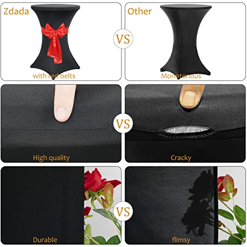 Zdada Black Spandex Cocktail Table Covers - 32"X43" Cocktail Table Tablecloth 4 Pack Cocktail Table Spandex Covers for Wedding and Party(Includes 4 Pack Red Satin Belts)