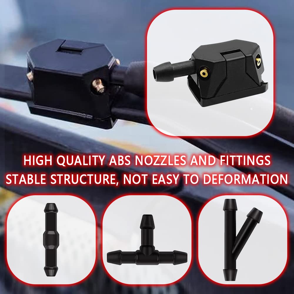 Front Windshield Washer Nozzles Kit,2Pcs 4Holes Arm-mounted Windshield Washer Nozzle+4 Pcs Hose Connectors+4M Washer Fluid Hose Automotive Replacement Windshield Wiper Nozzles for Lorry
