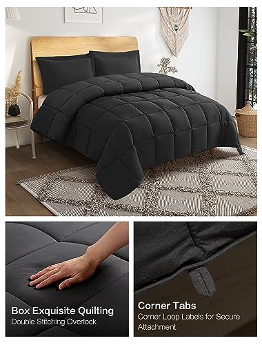 ZHGANLO Queen Comforter Set -3 Pieces Black Comforter Set for Queen Size Bed, Quilted Bedding Sets Queen for All Season, Bed in a Bag with 1 Comforter and 2 Pillowcases