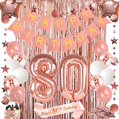 80th Birthday Decorations for Women, Happy Birthday Banner, Number 80 Foil Balloon Happy Birthday Cake Topper Rose Gold Curtain Happy 80th Birthday Sash Anniversary Decorations Birthday Backdrop