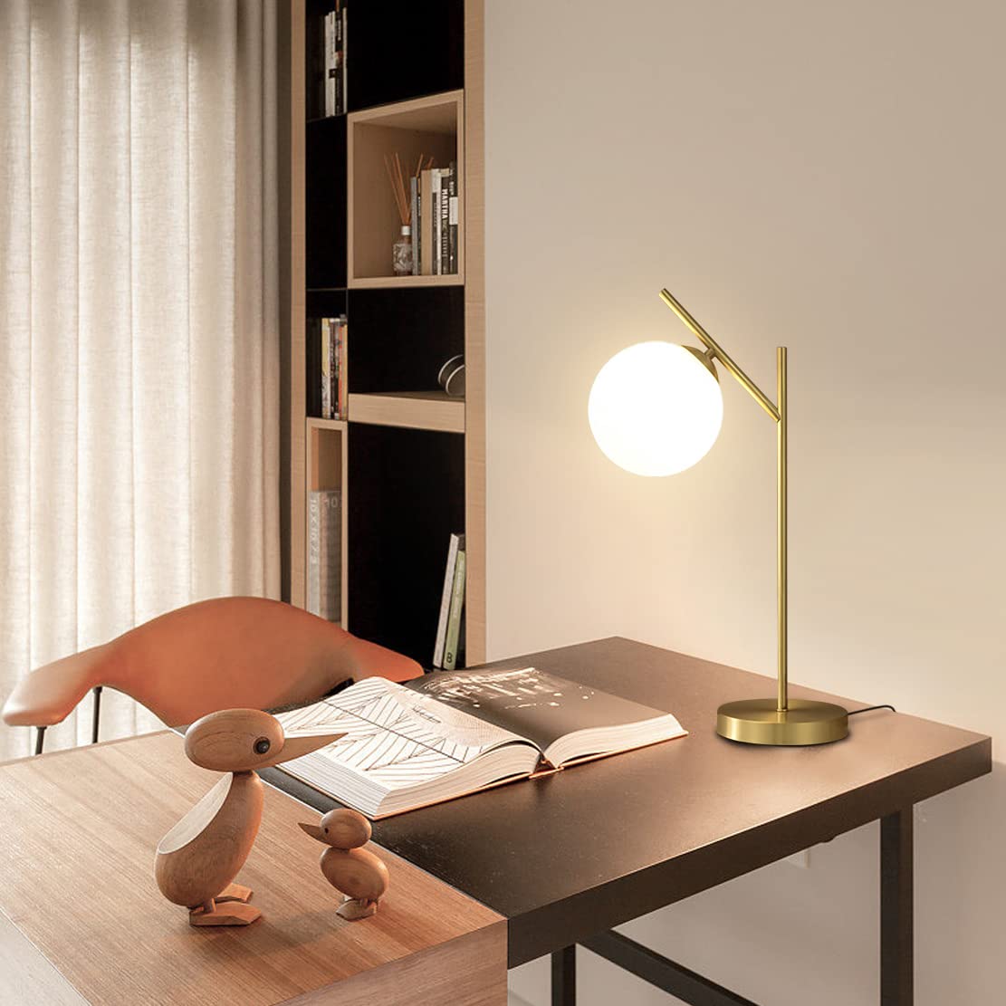 Fulesi Globe Table Lamp with Milky White Glass Globe Shade - Contemporary Brass Metal Bedside Lamp for Bedroom, Living Room, Study Room (H19.2)