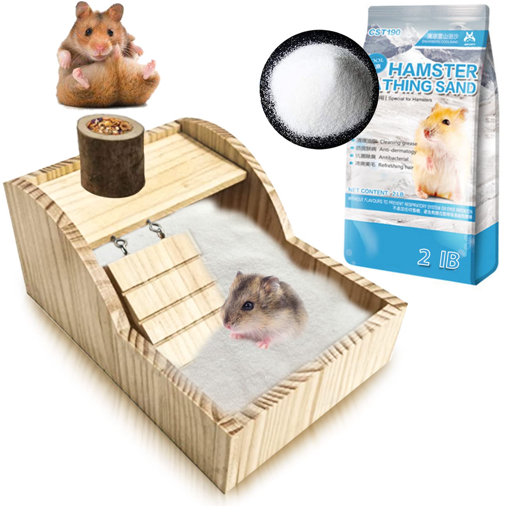 Hamiledyi Hamster Sand Bath Kit, Wooden Bathing Sand Container with Ladder Chinchilla Digging Sand Bathtub Small Animals Sandbox for Dwarf Syrian Mice Mouse Gerbils Hedgehog Lemming