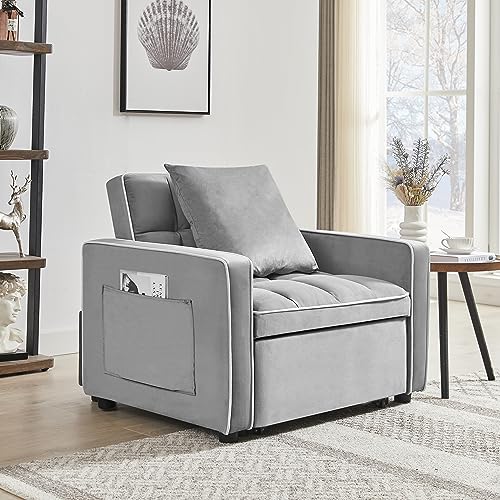 Pull Out Sleeper Futon Single Sofa Chair Bed,3-in-1 Versatile Chaise Lounge Couch with Adjustable Backrest,Lumbar Pillow&Side Pockets,Folding Sofá Recliner for Living Room/Apartment/Compact Space