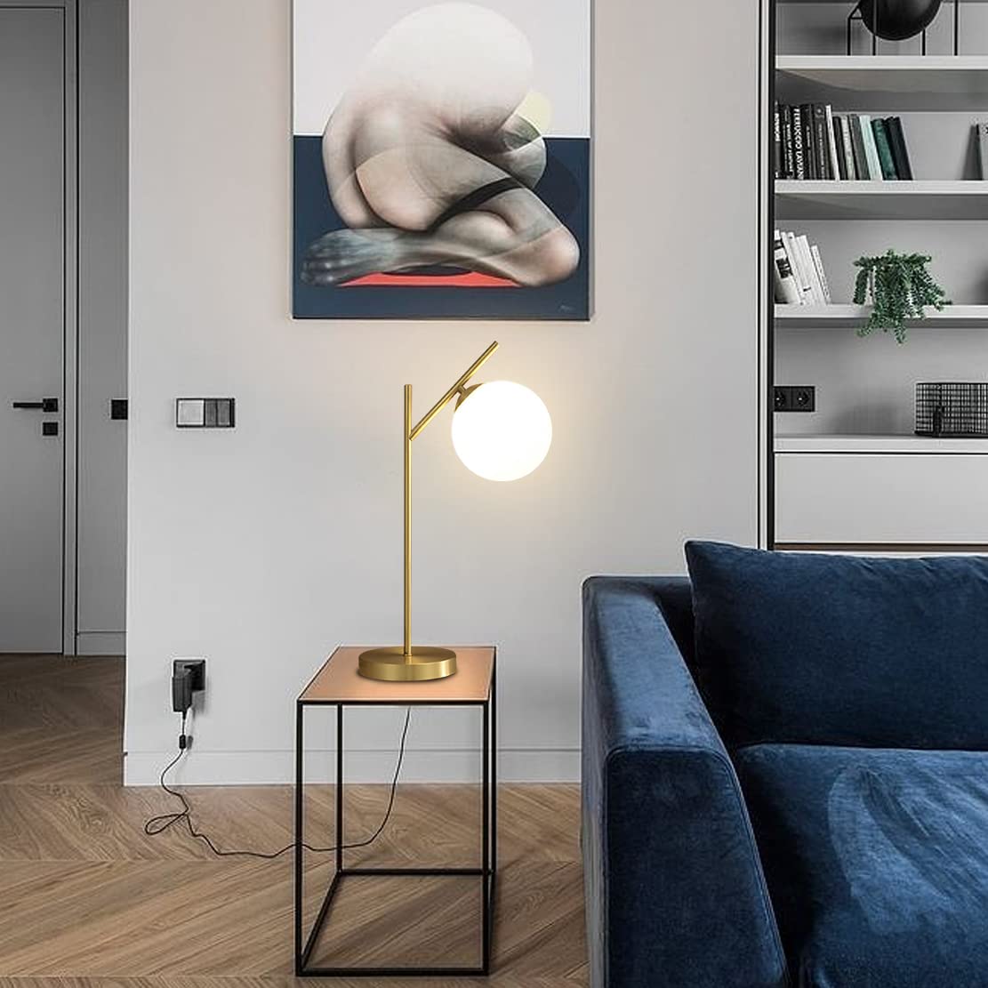Fulesi Globe Table Lamp with Milky White Glass Globe Shade - Contemporary Brass Metal Bedside Lamp for Bedroom, Living Room, Study Room (H19.2)