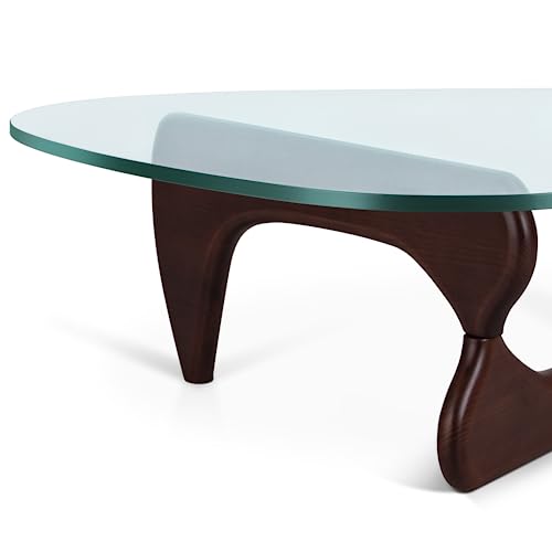 Rimdoc Triangle Coffee Table Modern Noguchi Vintage End Table, Solid Wood Base and Clear Glass Top Accent, for Living Room, Patio(Dark Walnut)