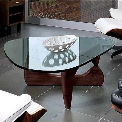 Rimdoc Triangle Coffee Table Modern Noguchi Vintage End Table, Solid Wood Base and Clear Glass Top Accent, for Living Room, Patio(Dark Walnut)