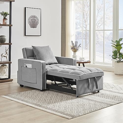 Pull Out Sleeper Futon Single Sofa Chair Bed,3-in-1 Versatile Chaise Lounge Couch with Adjustable Backrest,Lumbar Pillow&Side Pockets,Folding SofΓ‘ Recliner for Living Room/Apartment/Compact Space