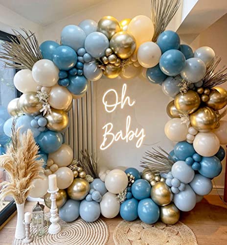 Dusty Blue Balloon Garland Arch Kit,152PCS Slate Blue Macaron Blue Metallic Chrome Gold White Sand Birthday Balloons for Baby Shower Bridal Shower Boho Wedding Party Backdrop Decoration