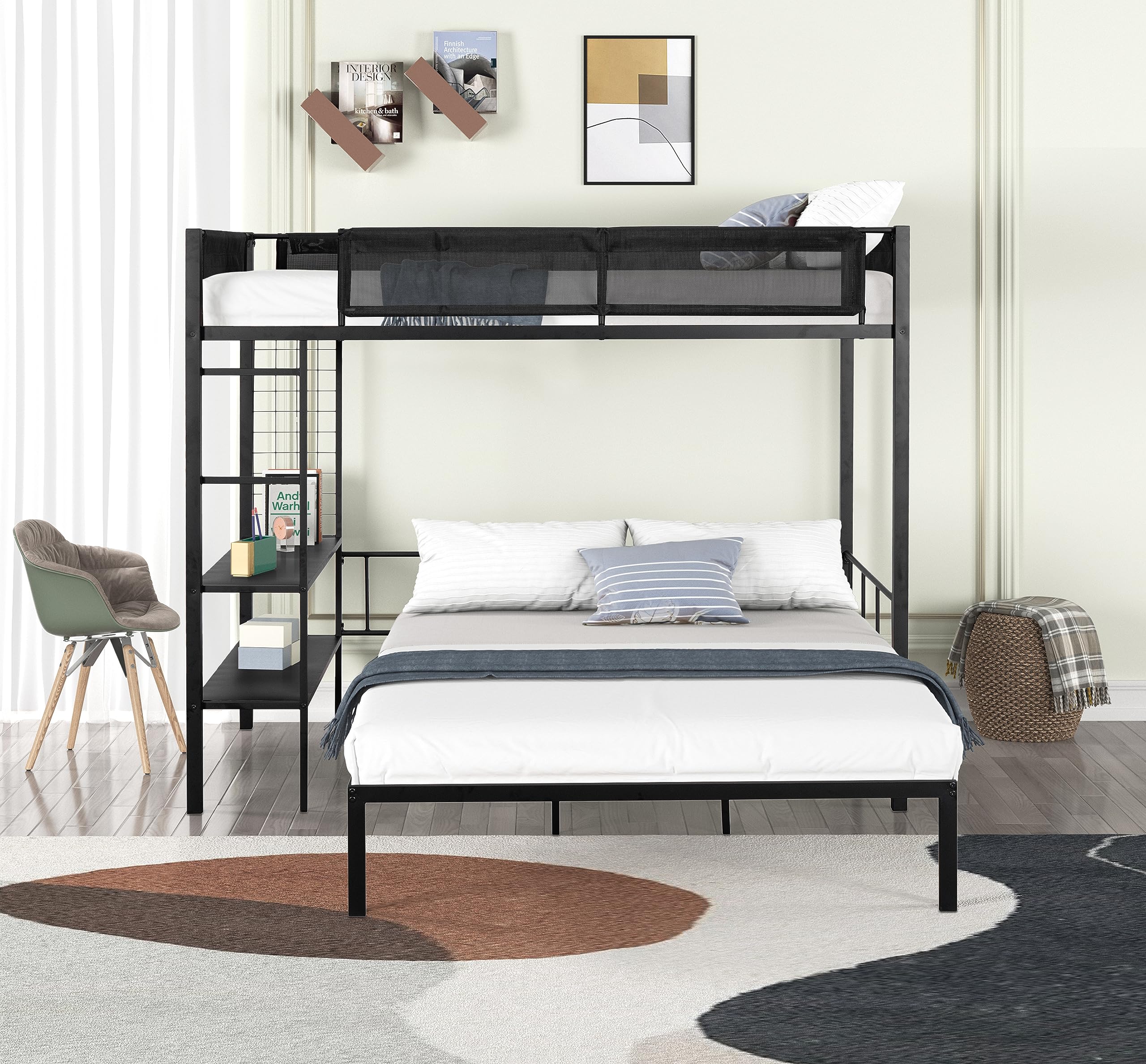 ZVAIGE Metal Double Full Bunk Bed with Shelves and Mesh Panels - Space Saving Loft Bed, Desk Sofa Bed - Ideal for Bedrooms and Dorms - Sturdy and Versatile Single Bunk Bed