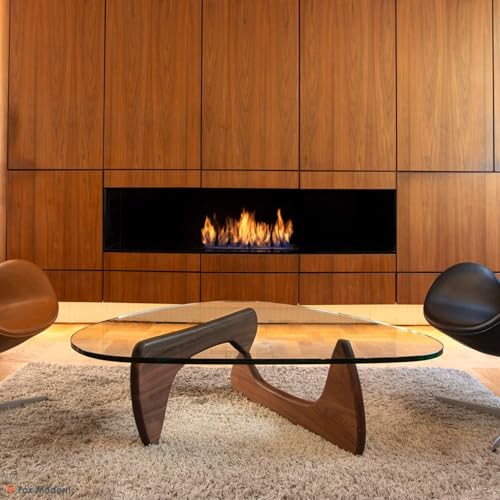 Rimdoc Triangle Coffee Table Modern Noguchi Vintage End Table, Solid Wood Base and Clear Glass Top Accent, for Living Room, Patio(Dark Walnut)